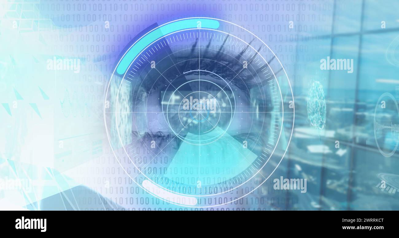 Round Scanner And Binary Coding Data Processing Against Close Up Of Female Eye Against Office