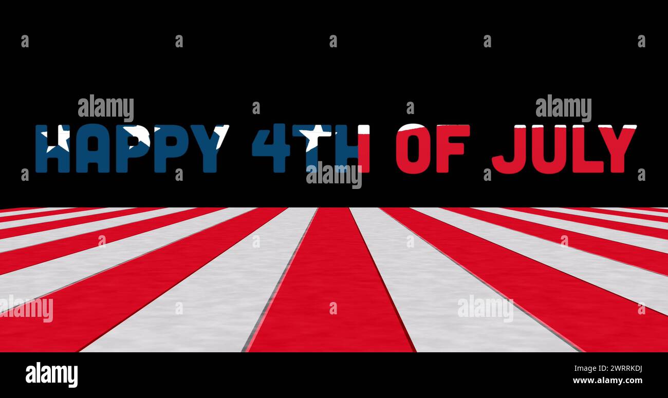 Image of happy 4th of july text over red and white stripes on black ...