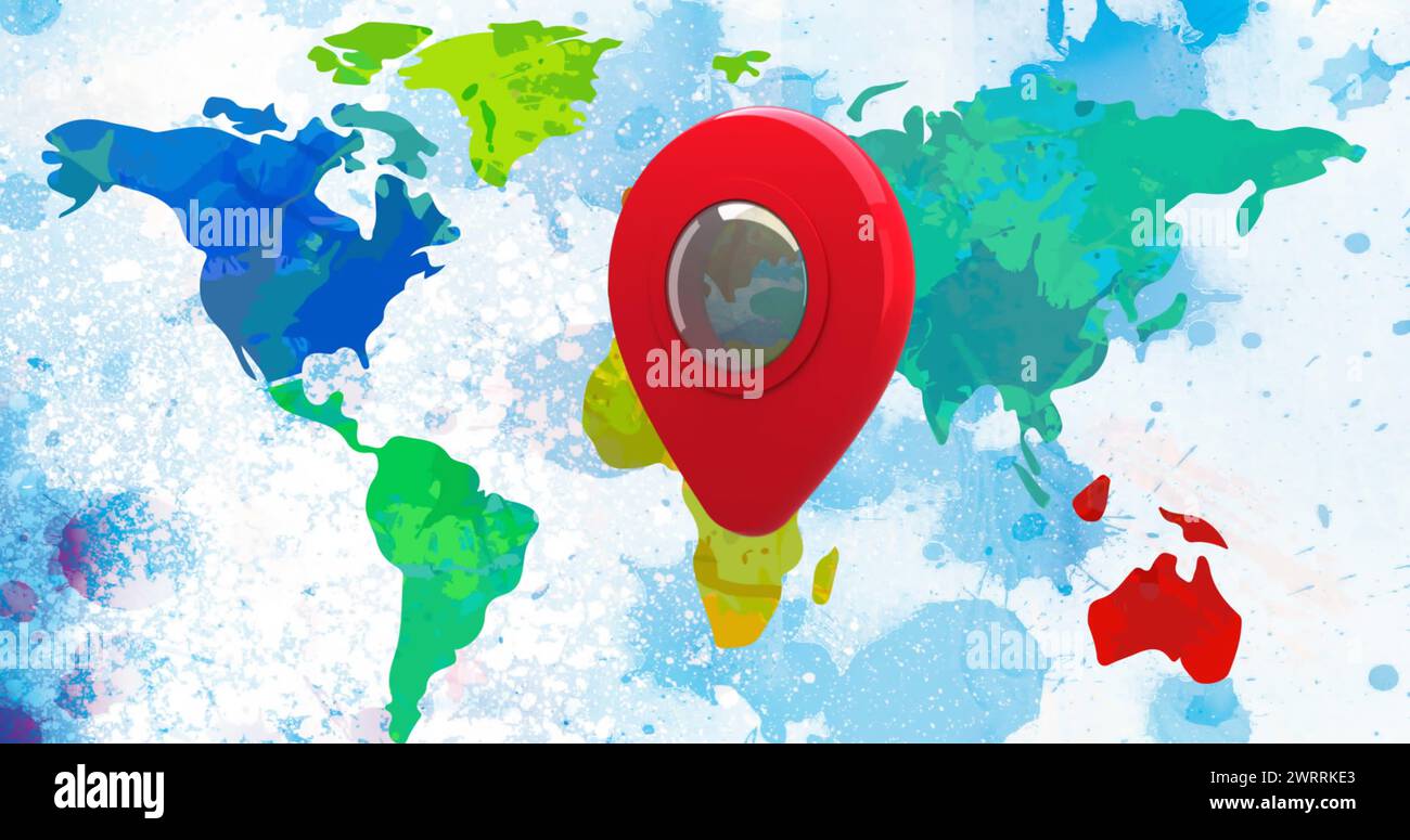Image of red location pin bouncing over world map Stock Photo - Alamy