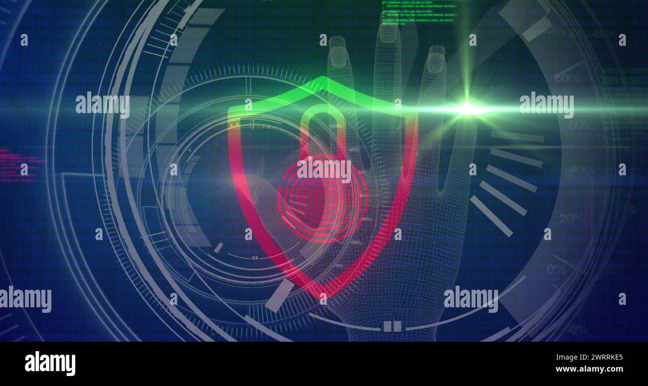 Image of online security padlock with biometric fingerprint, data processing and scope scanning ...