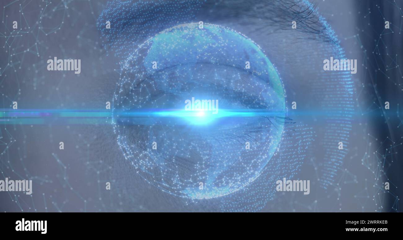 Blue spot of light and globe of network of connections over close up of ...