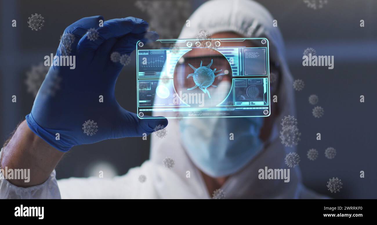 Image of virus cells and digital interface over male doctor wearing ...