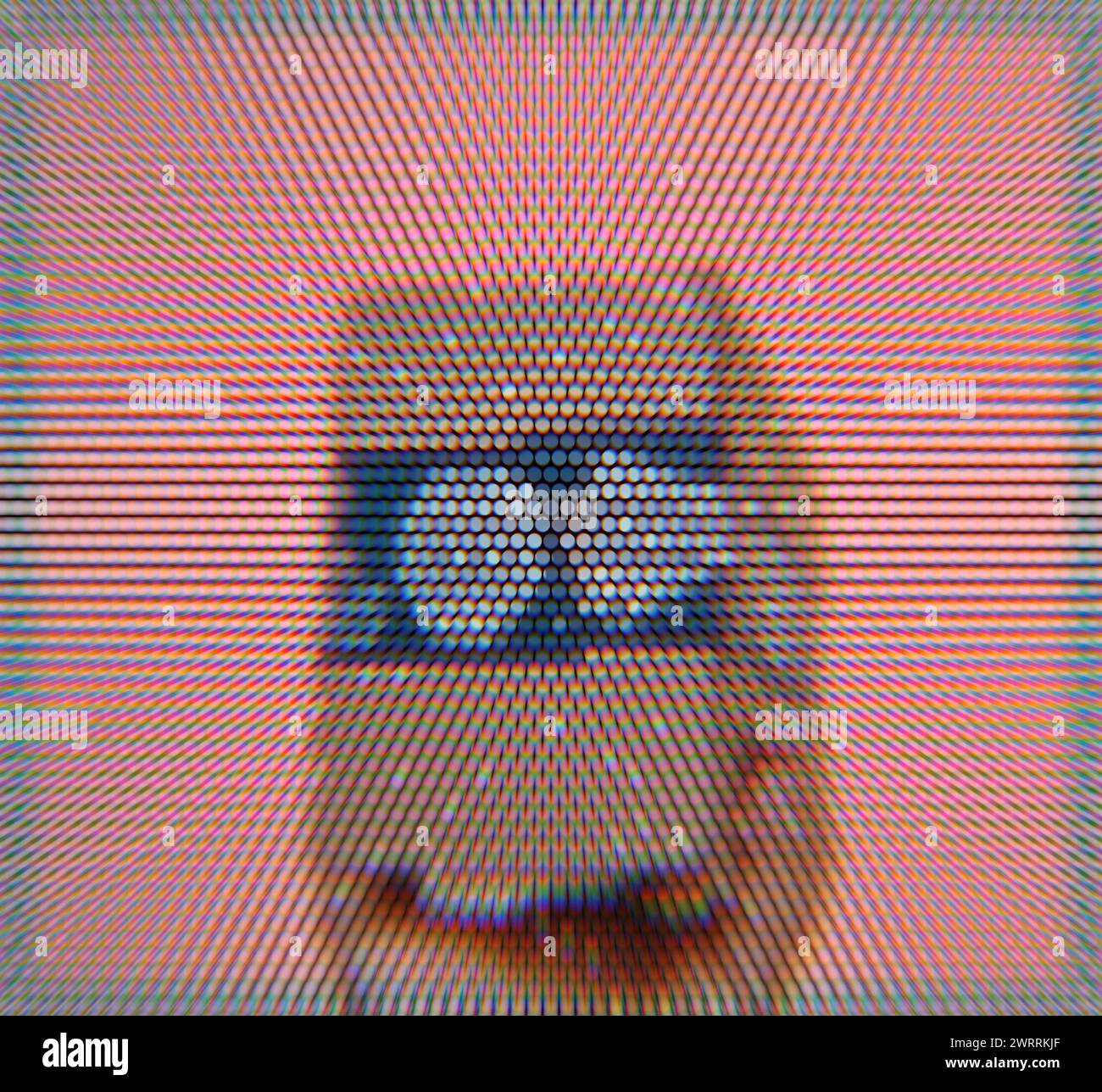 A digital metaverse showcases a mans face with glasses, distorted in a ...