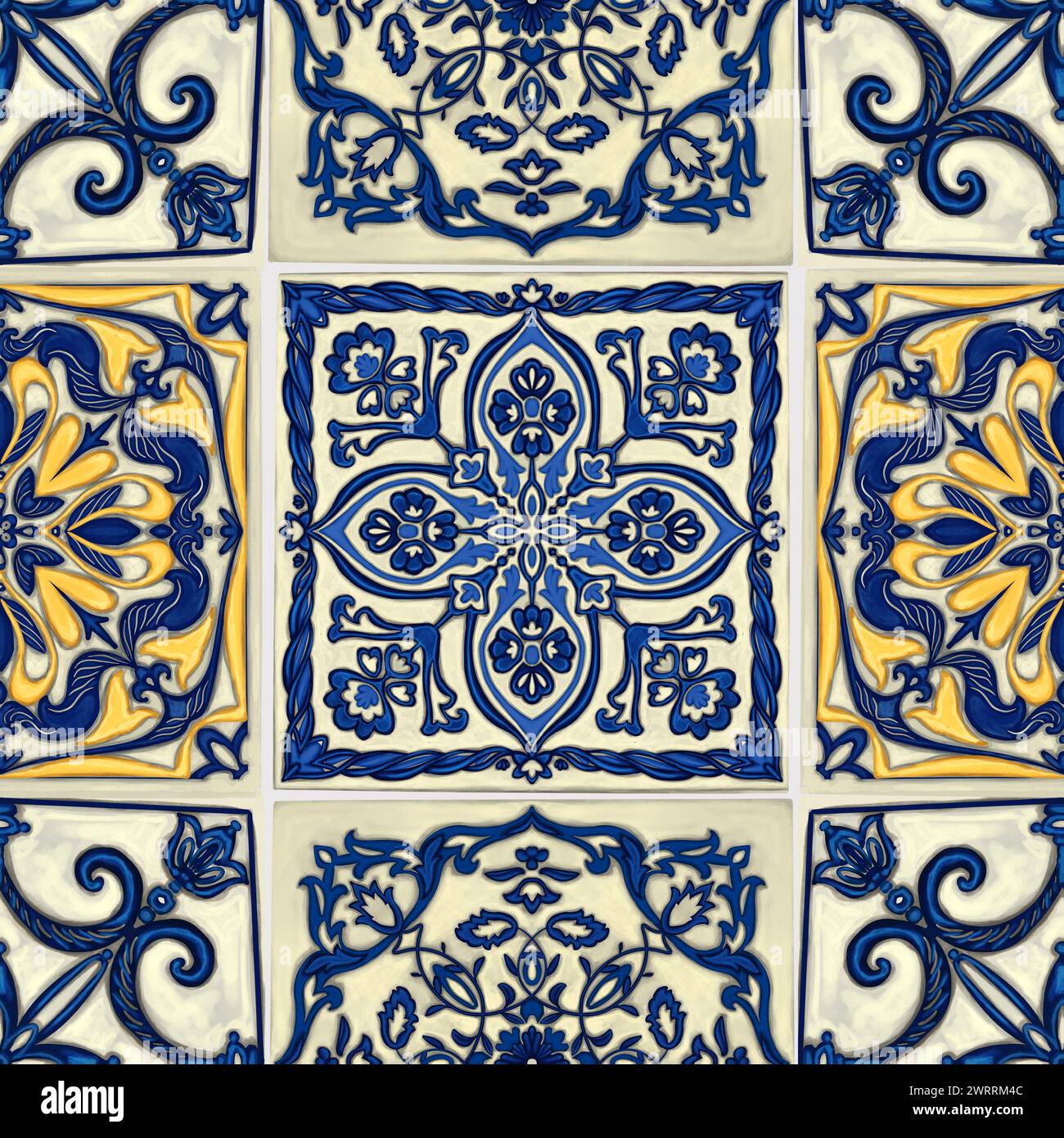 Seamless pattern of blue and yellow ceramic tiles Stock Photo - Alamy