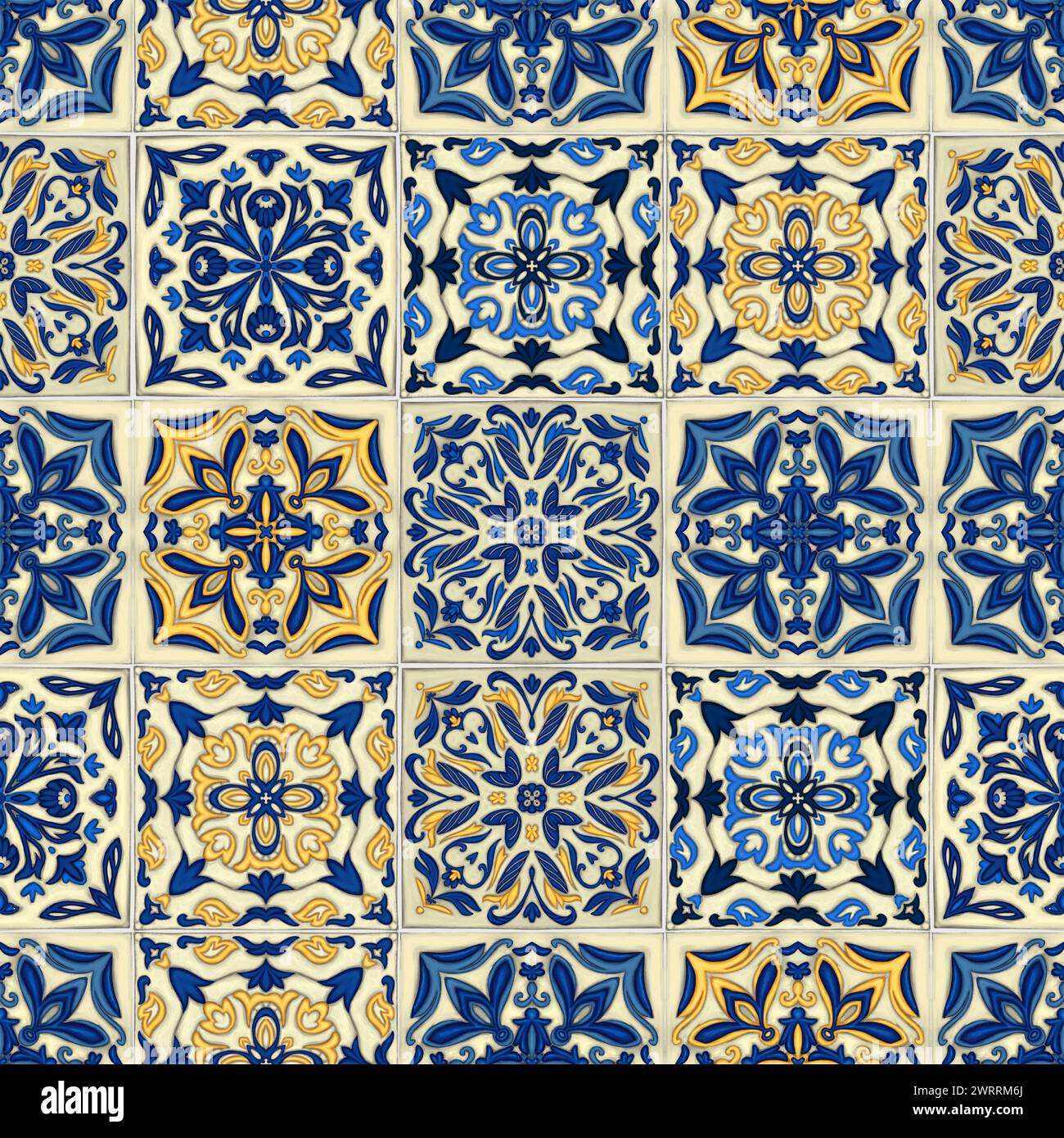 Seamless pattern of blue and yellow ceramic tiles Stock Photo - Alamy