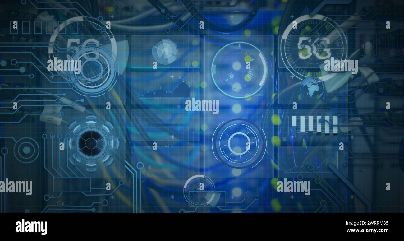 Image of data processing and 5g text over cables of computer server ...