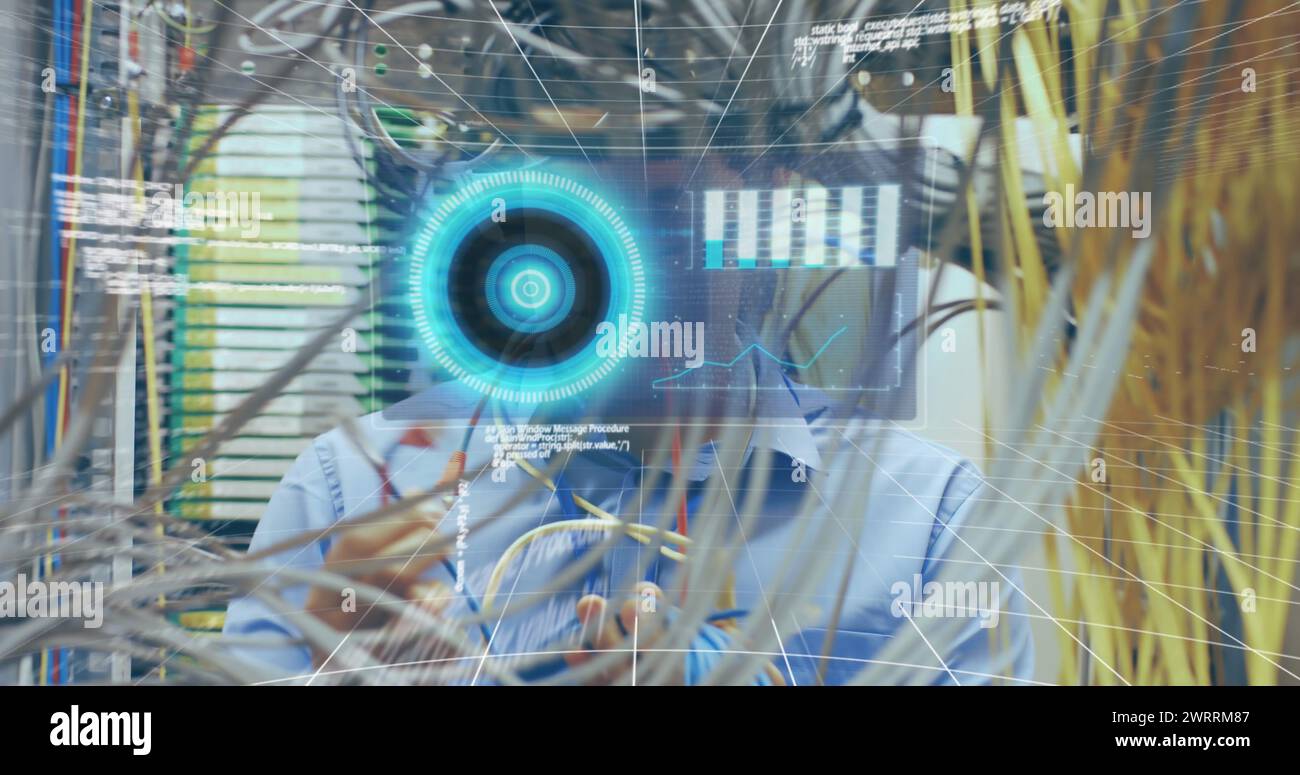 Image of data processing over caucasian male it engineer fixing cables of computer server Stock ...