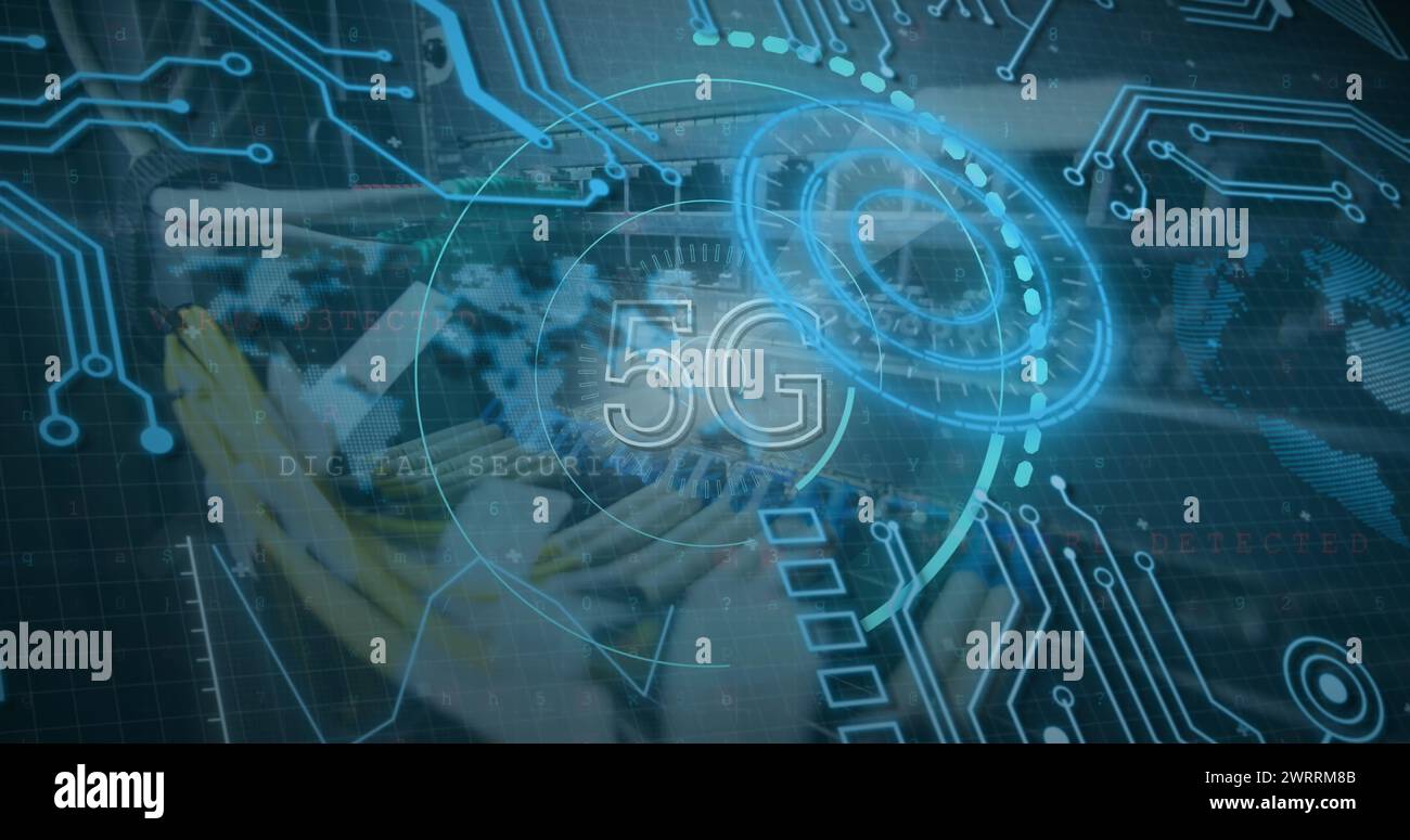 Image of 5g, data processing over caucasian female it engineer fixing cables of computer server ...