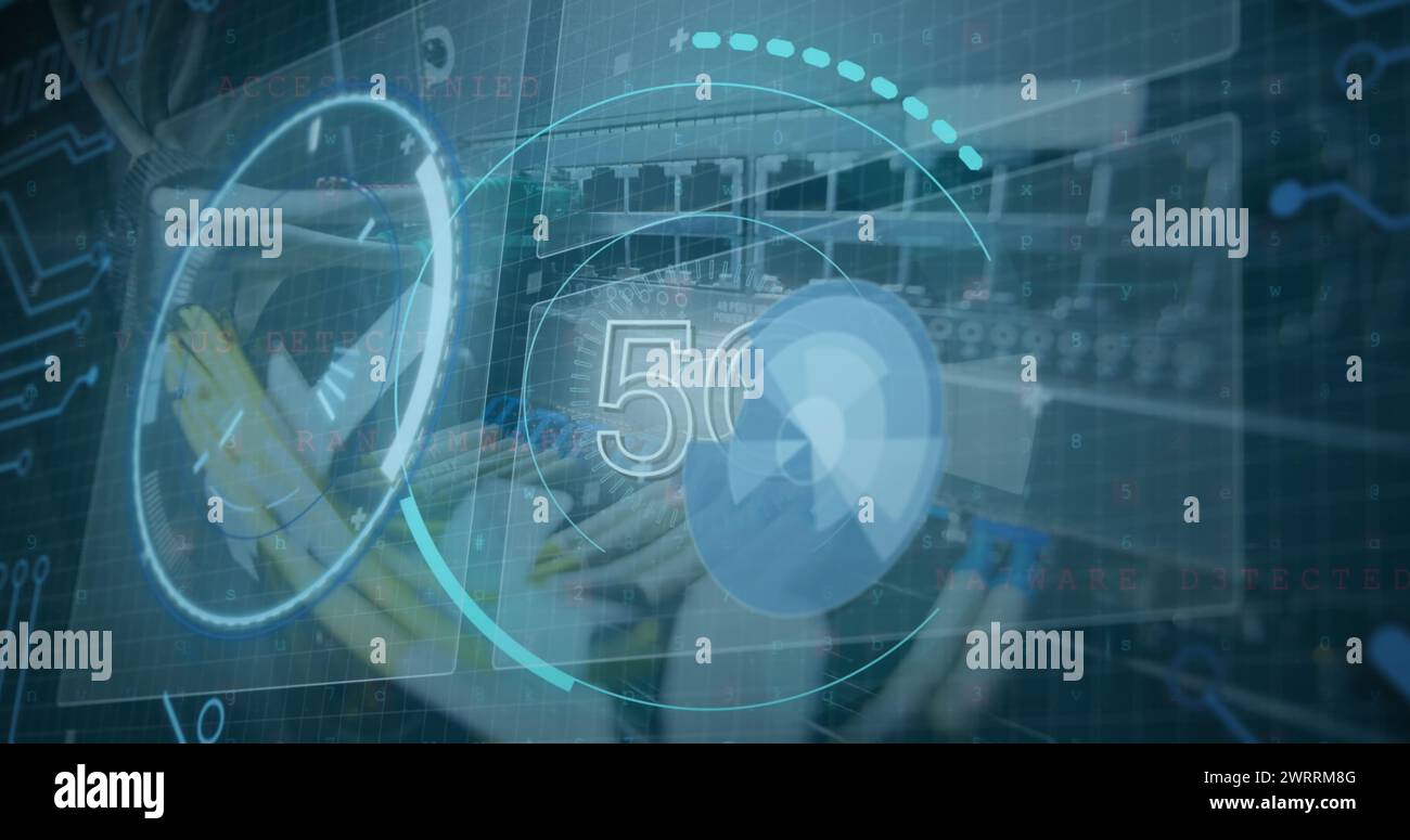 Image of data processing and 5g text over cables of computer server ...
