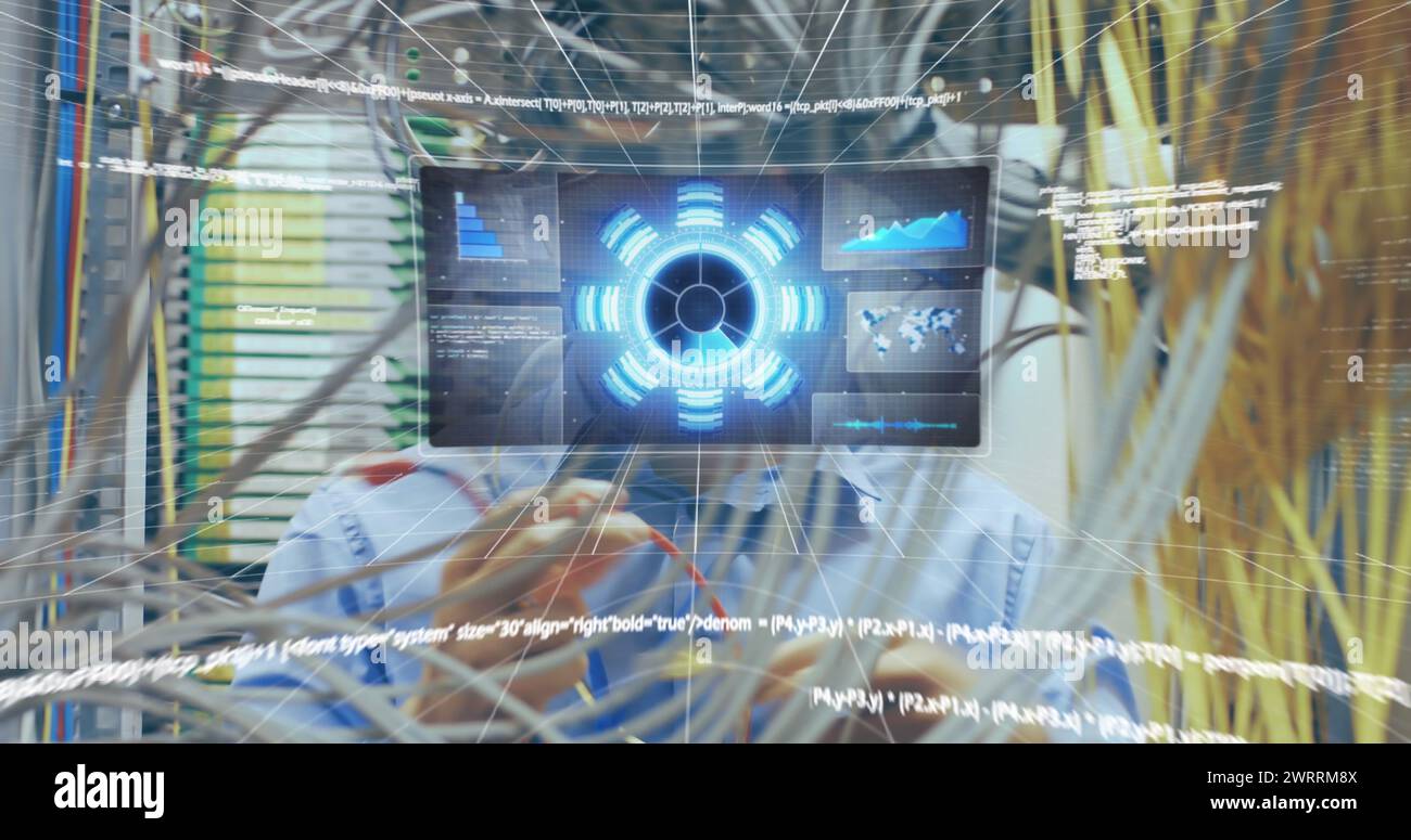 Image of data processing over caucasian male it engineer fixing cables ...