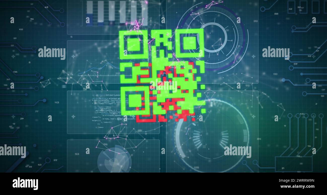 Image of colourful qr codes over communication network and data ...