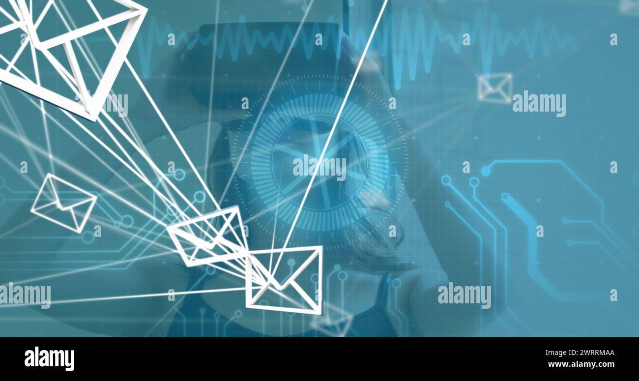 Image of emails and data processing over caucasian woman with vr ...