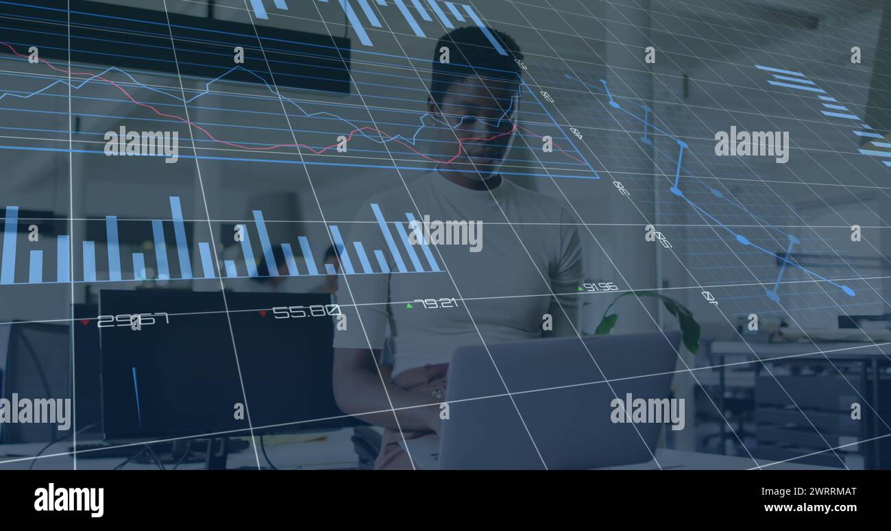Image of financial data and graphs over african american woman with ...