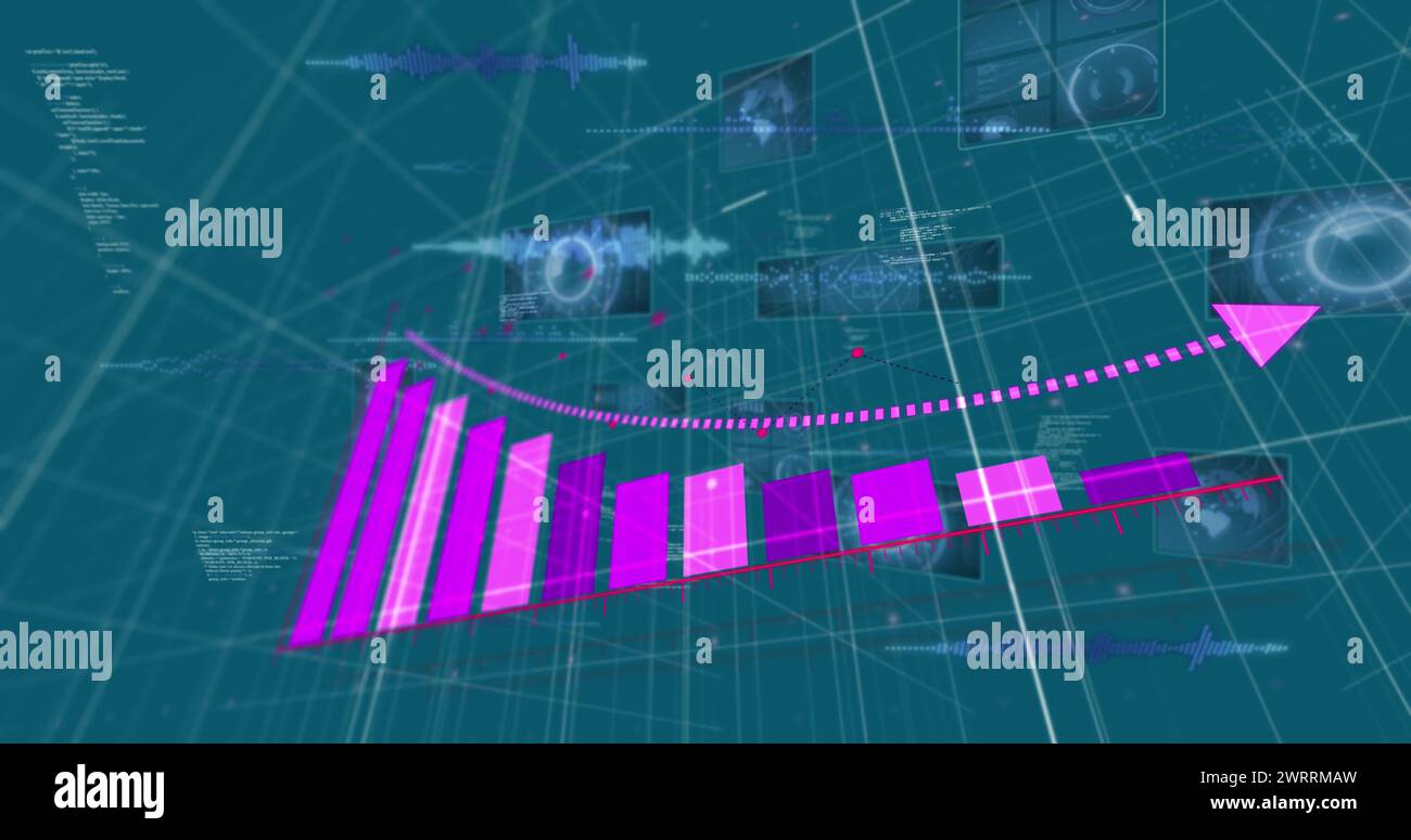 Image of pink graph over data processing and charts on dark interface ...