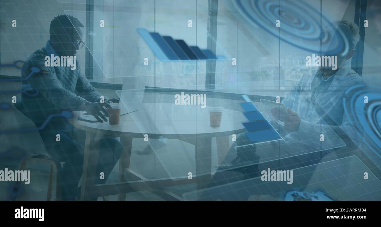 Image of data processing and people walking over diverse business people using technology Stock ...