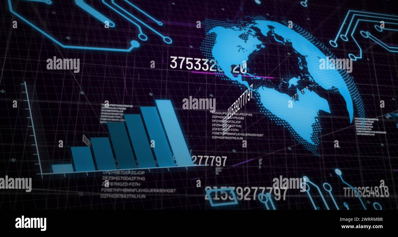 Image of data processing and globe over black background Stock Photo ...