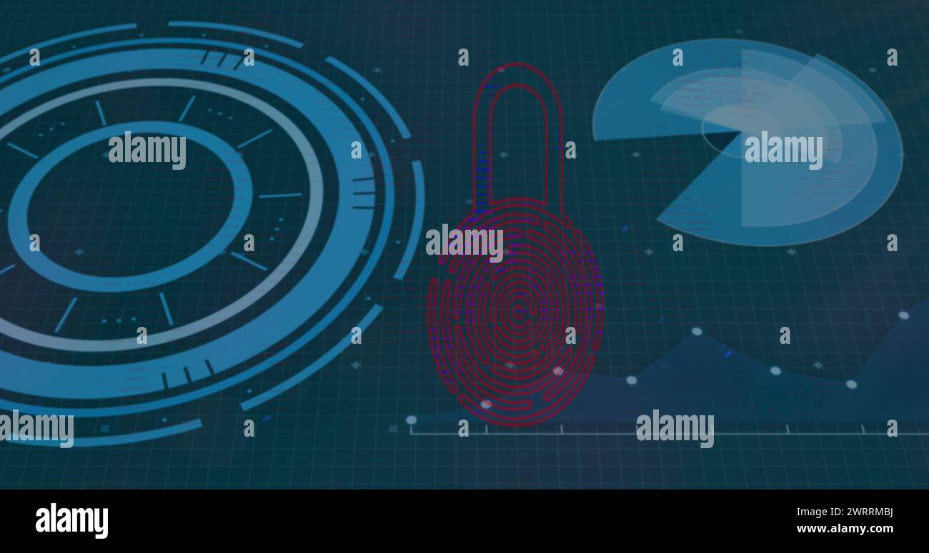 Image of red fingerprint, scanners, graph and data processing, on dark ...