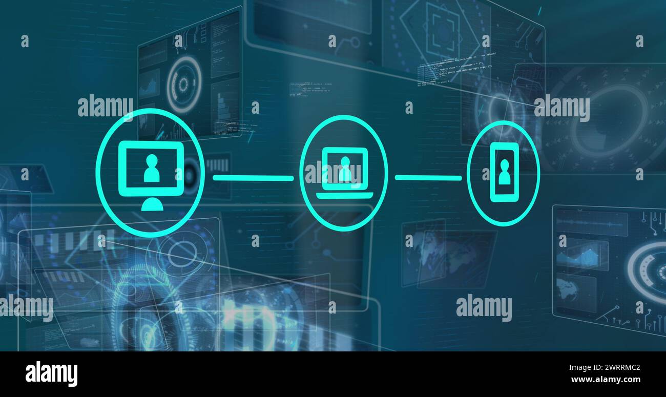 Image of connected media icons over charts and data processing Stock ...