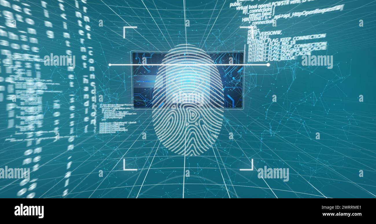Image of fingerprint scanner, globe and data processing on blue ...