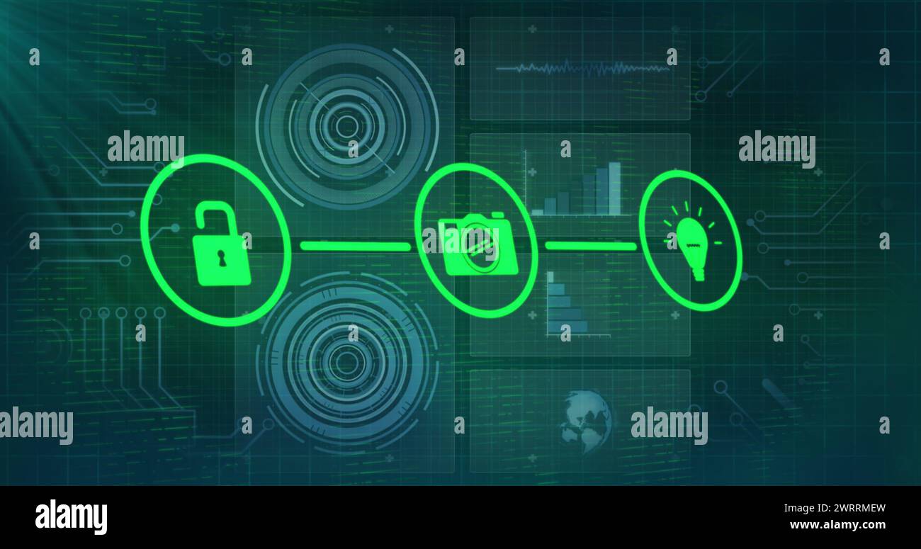 Image of connected padlock and media icons over data processing and graphs on interface. Global ...