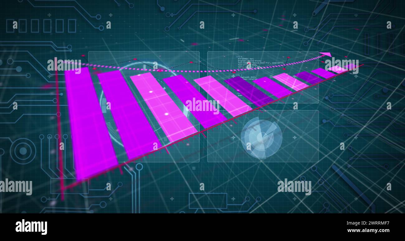 Image of pink graph over charts and data processing on dark interface ...