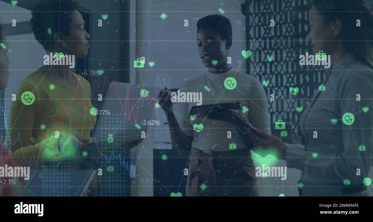 Image of financial data, connections and graphs over diverse female ...