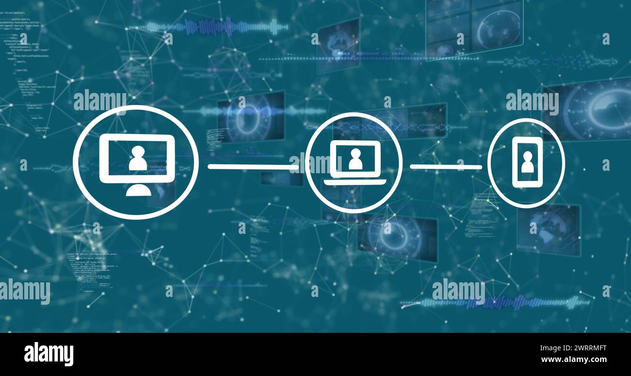 Image of connected media icons over network of connections and data ...