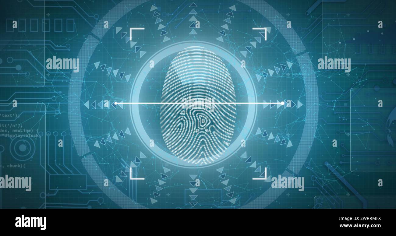 Image of fingerprint scanner over motherboard and data processing on ...
