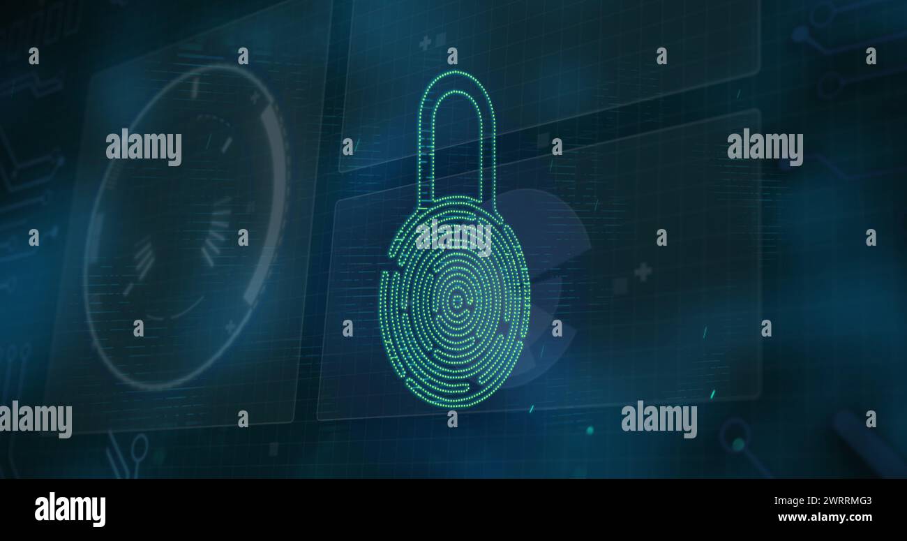Image of security padlock icon over interface with data processing against blue background Stock ...