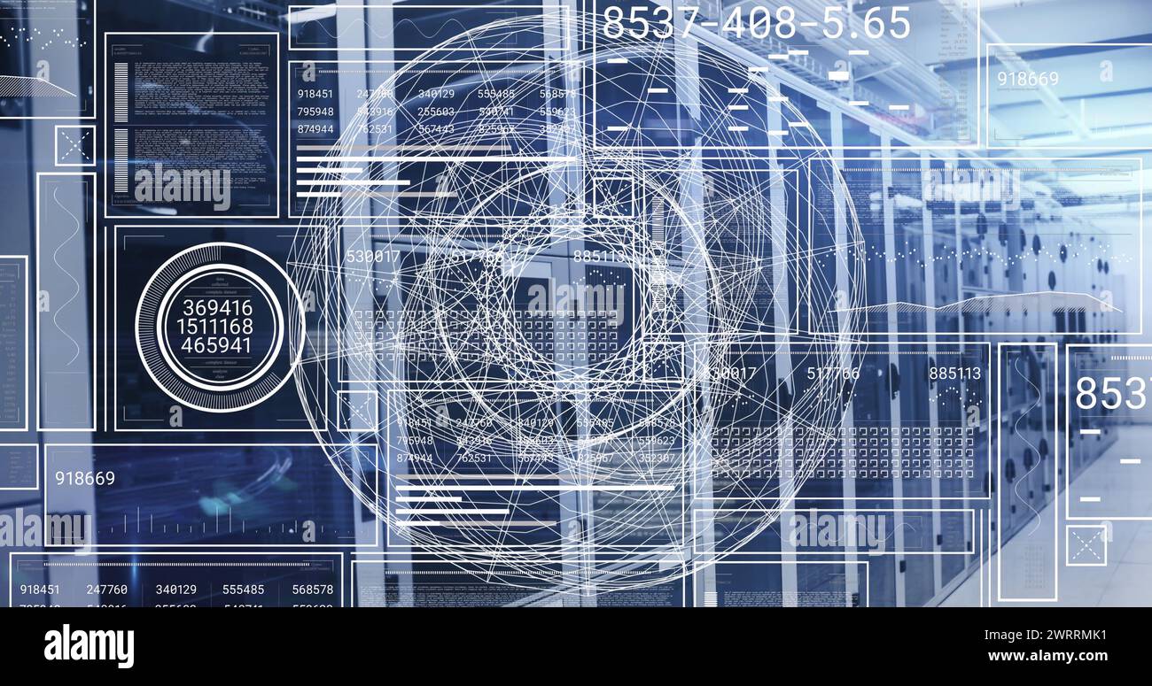 Image of numbers, globe and data processing on screen over computer servers Stock Photo - Alamy
