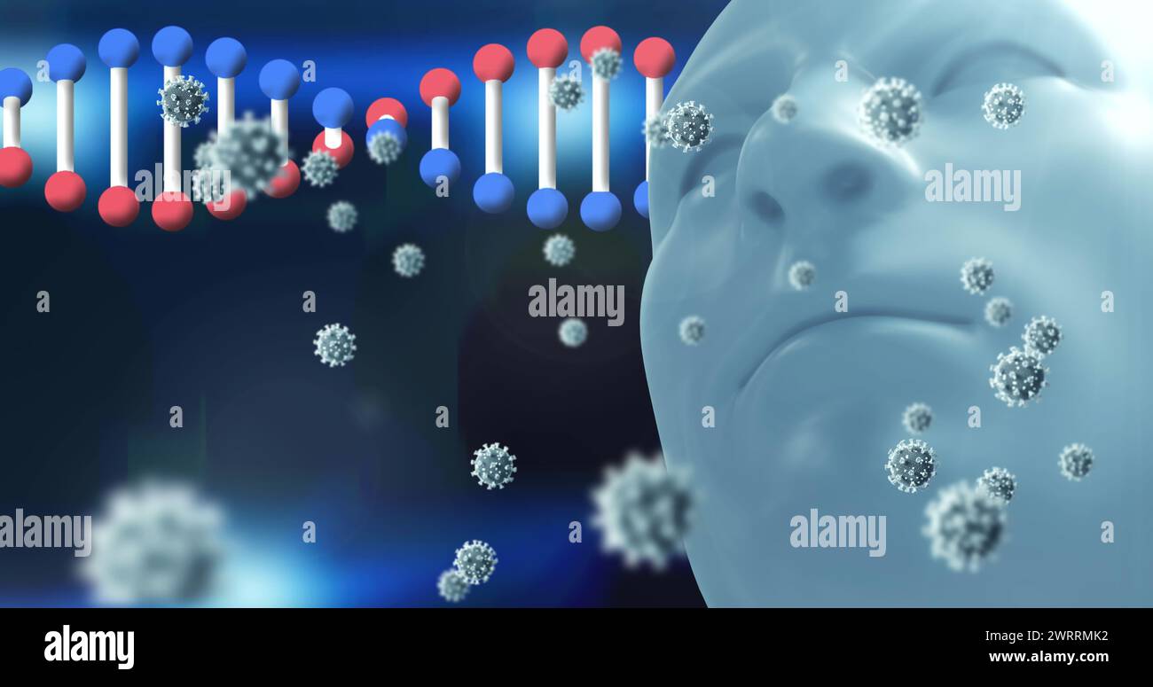 Image of falling cells and dna strand over human head 3d model on dark ...