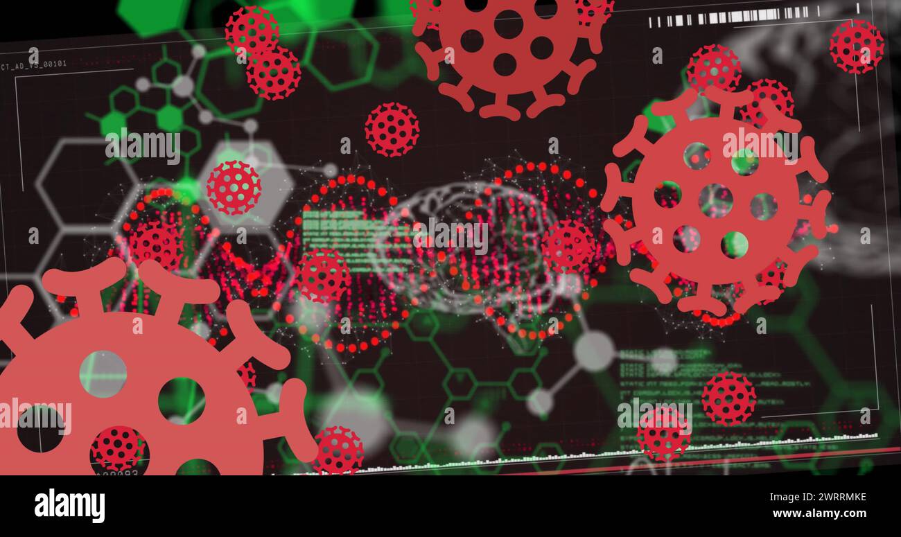 Image of falling cells and dna strand on dark background Stock Photo ...