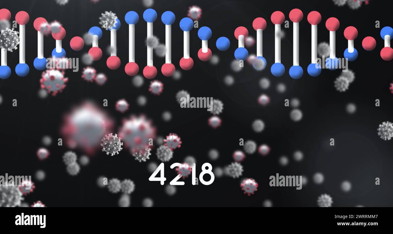 Image of falling cells and dna strand on dark background Stock Photo ...