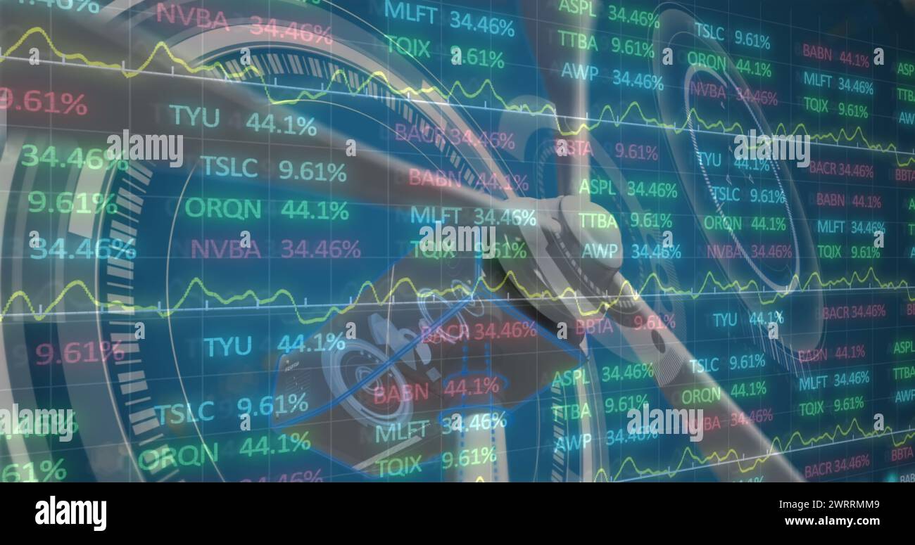 Stock market display with red, blue, and green stock market tickers and ...