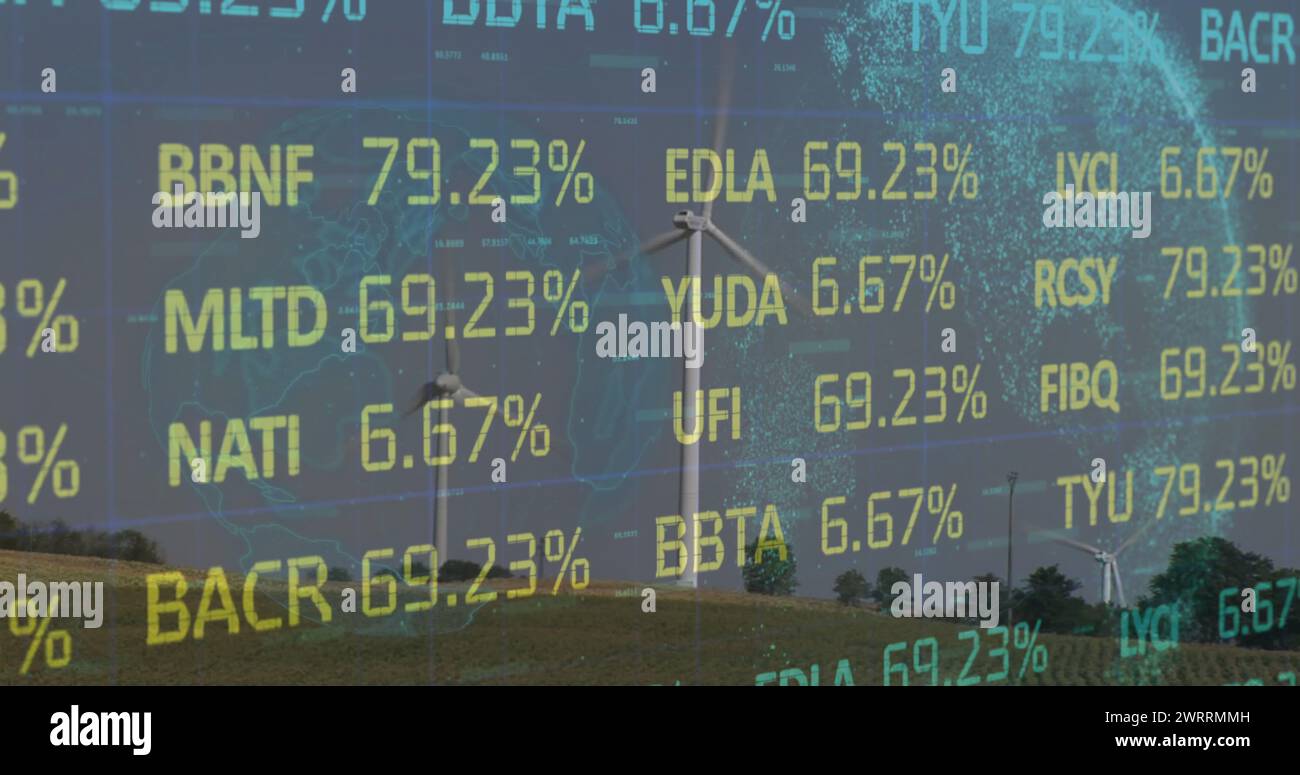 Image depicts stock market data on a globe with wind turbines ...
