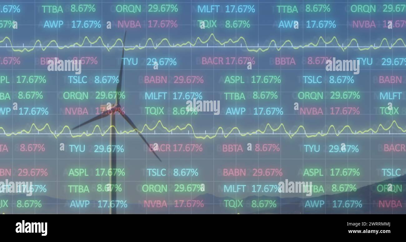 The image shows a stock market display with red, blue, and green stock ...