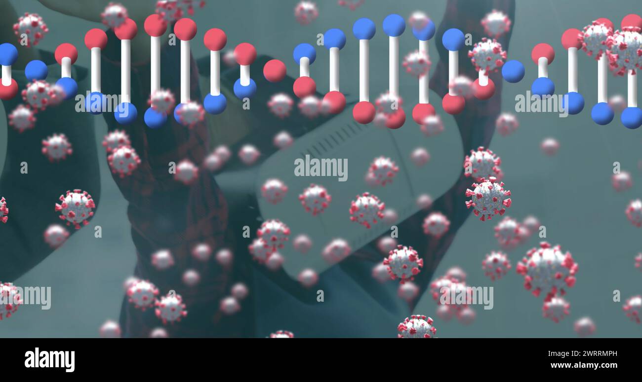 Image of covid cells floating over dna strand spinning Stock Photo - Alamy