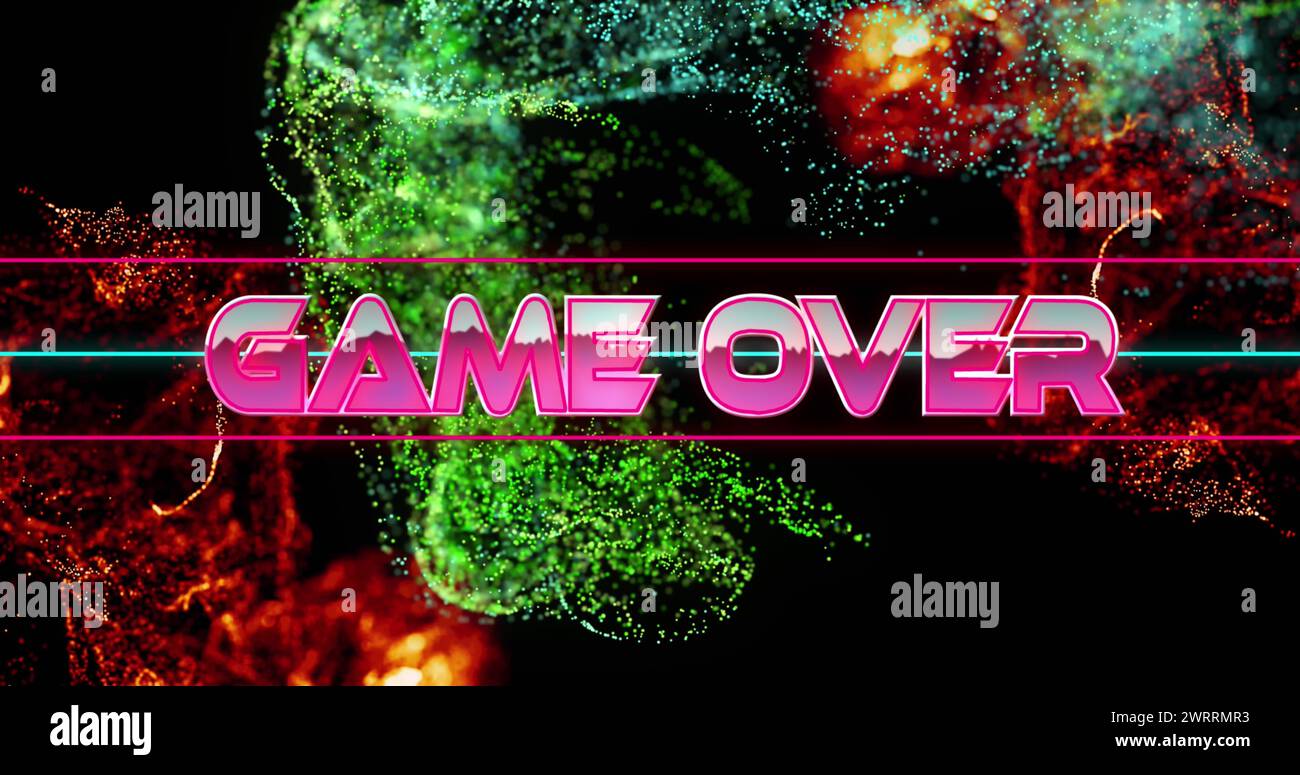 Image of game over text banner over colorful glowing digital waves ...
