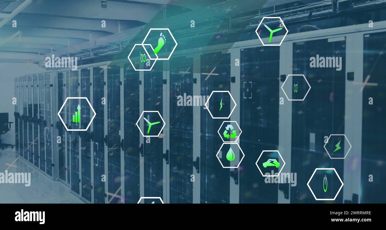 Image of data processing and ecology icons over server room. Global ...