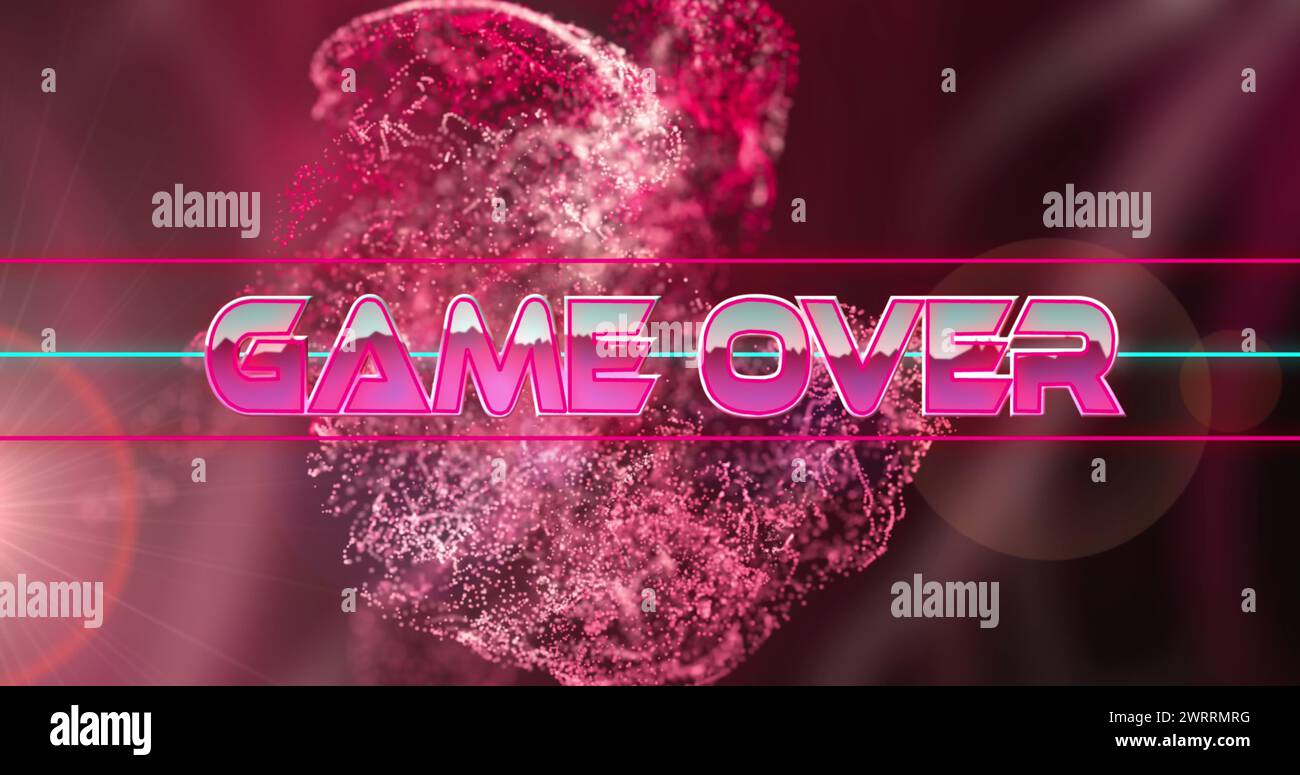 Image of game over text banner against spots of light and digital wave ...