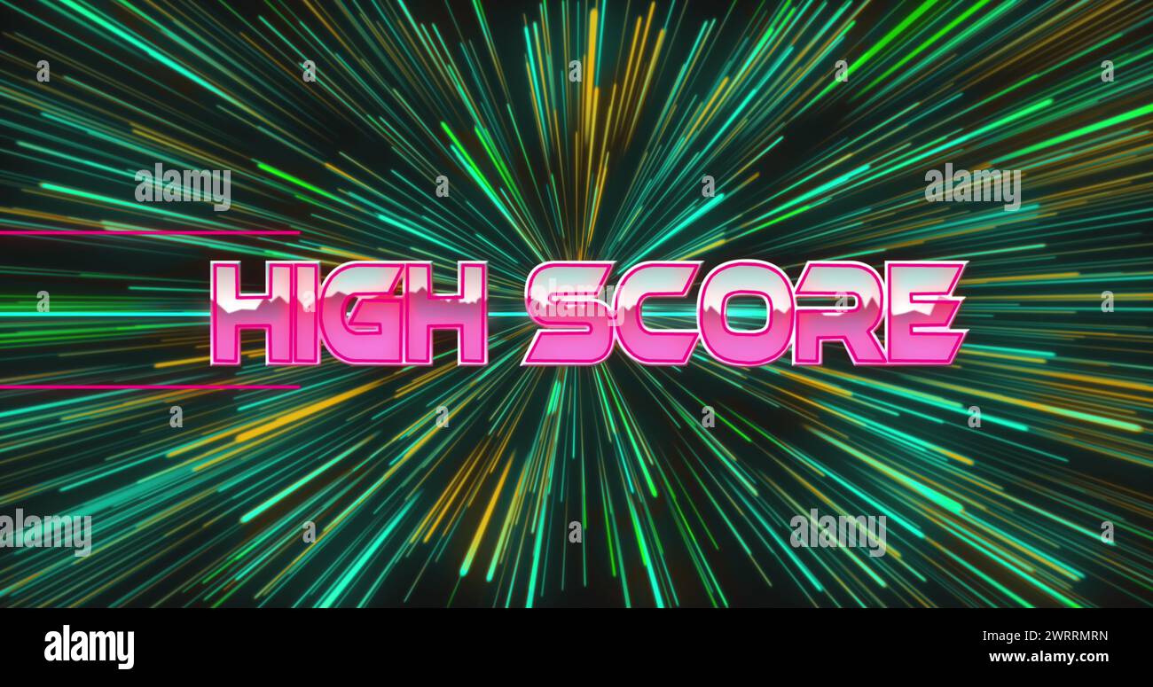 Image of high score text banner over green light trails in seamless ...