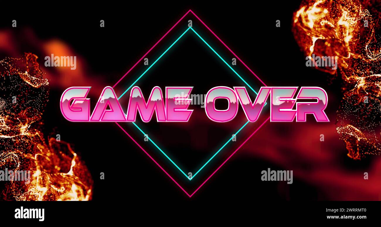 Image of game over text banner over light spot and red digital waves ...