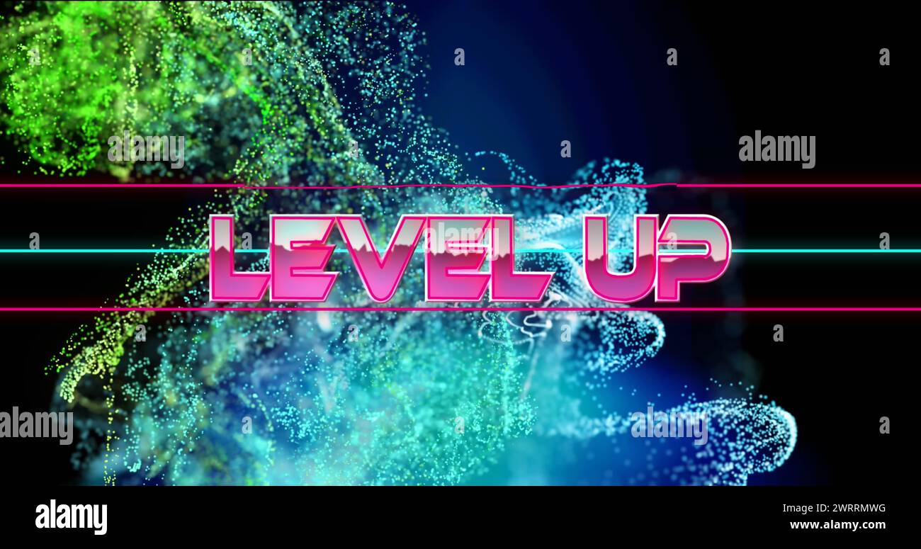 Image of level up text between lines over dynamic dots forming waves ...