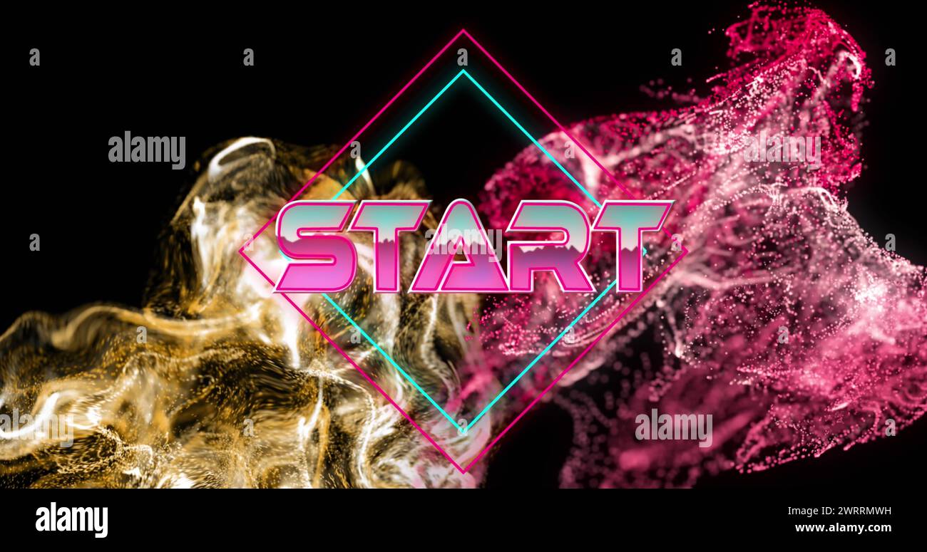Image of start text banner over pink and golden glowing digital waves ...