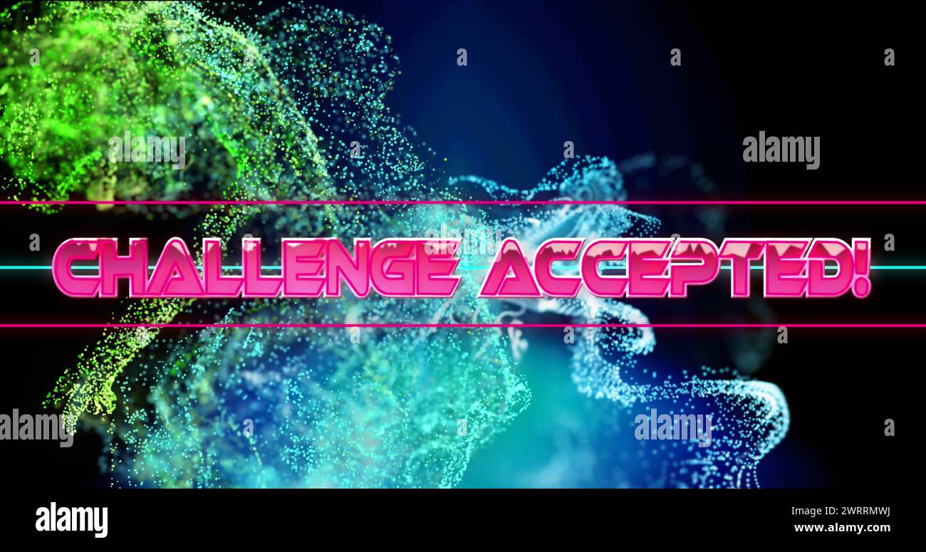 Image of challenge accepted text over blue and green glowing digital ...