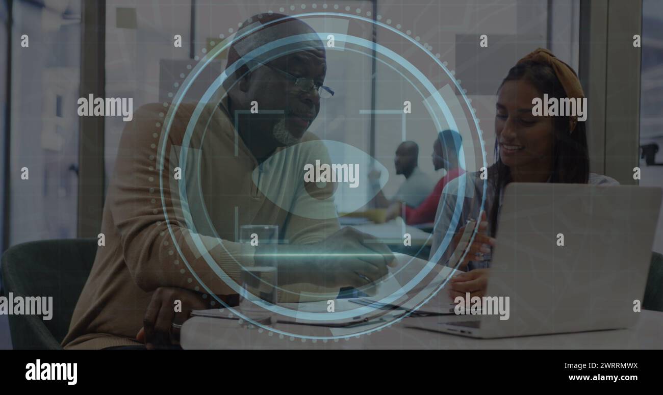 Image of scope scanning with cyber security text over diverse business ...