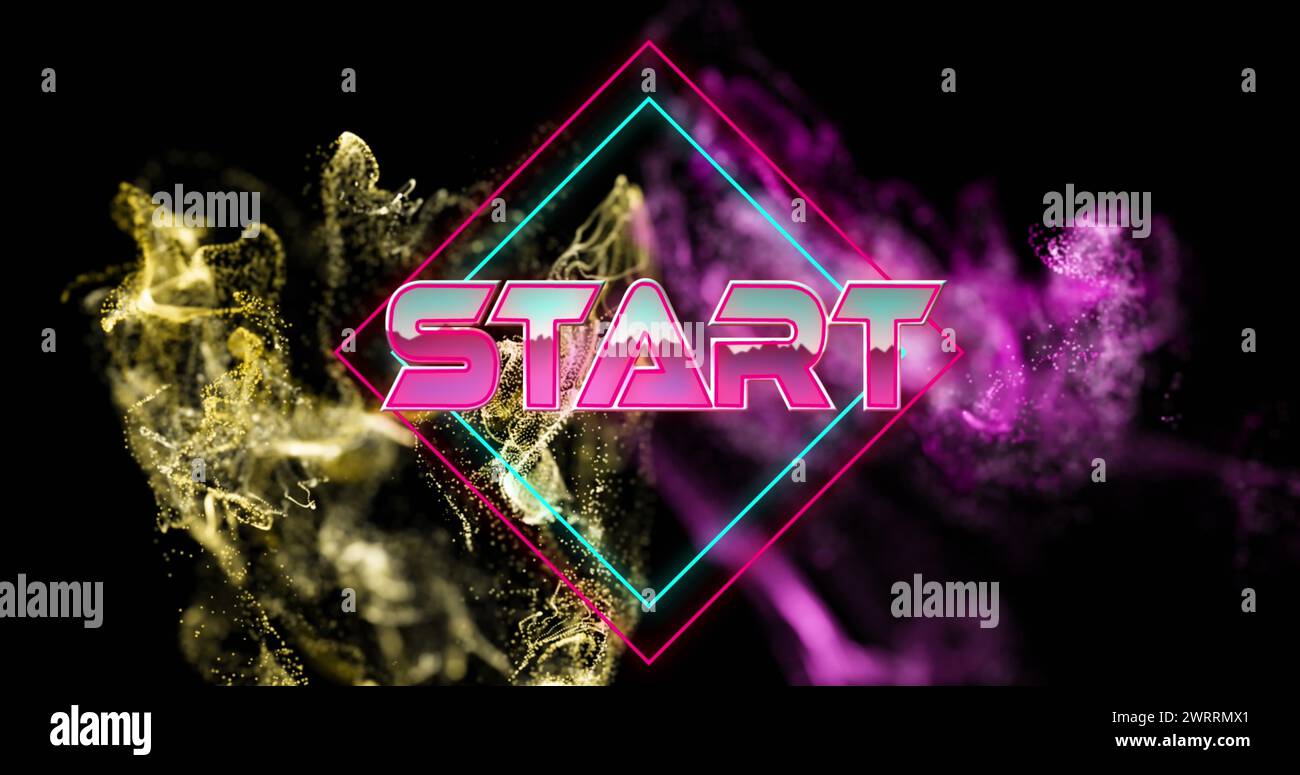 Image of start text banner over golden and purple digital waves against ...
