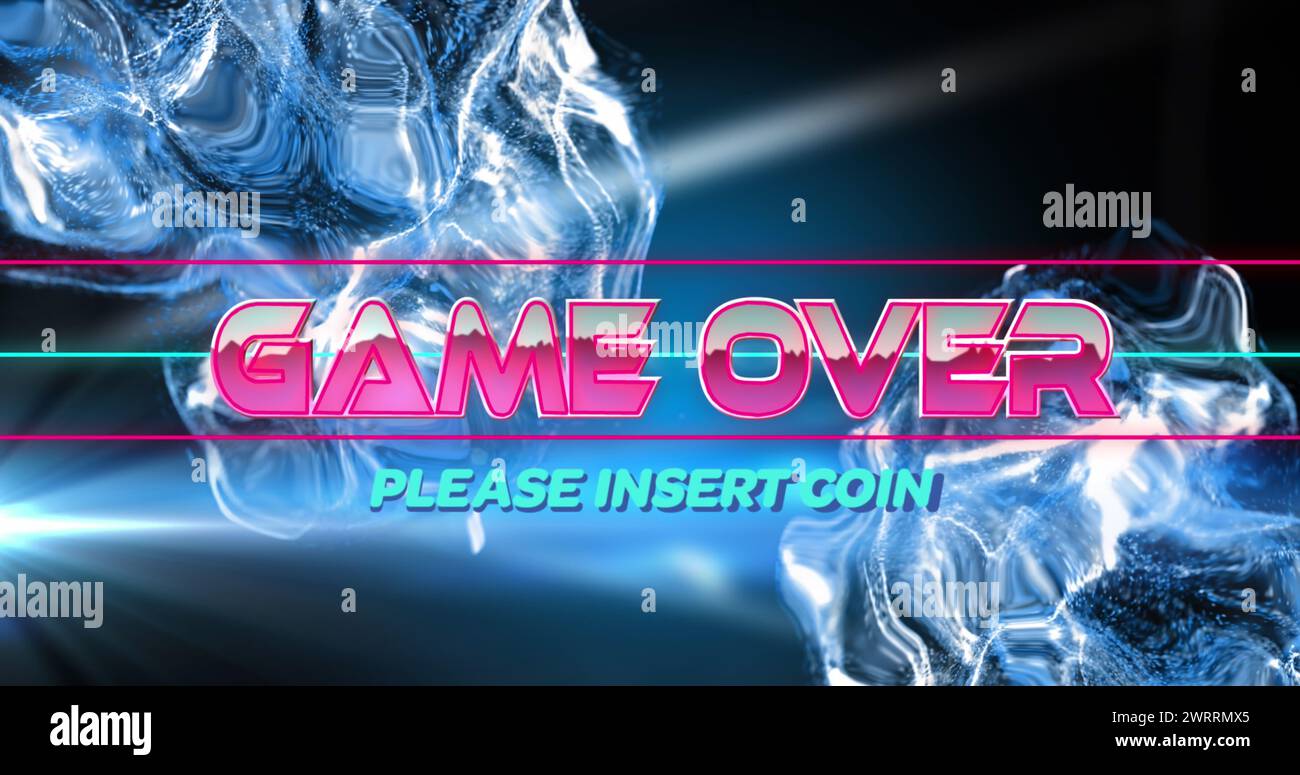 Image of game over text banner over blue light spot and digital waves ...