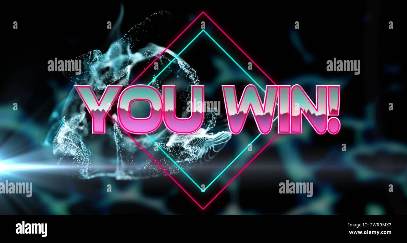 Image of you win text banner over blue light spot and digital waves ...