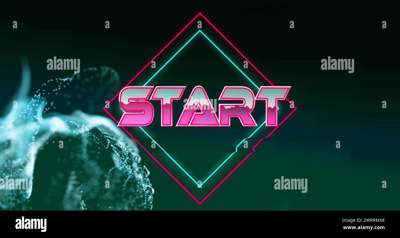 Image of start text banner over blue digital waves against green ...